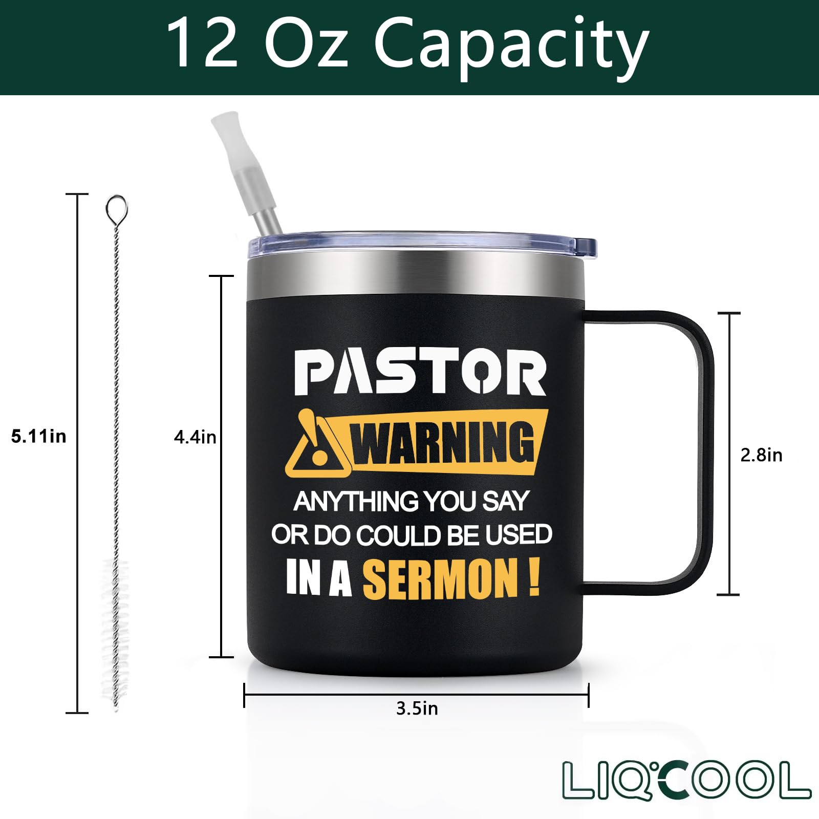 LiqCool Pastor Appreciation Gifts, Pastor Gifts for Men Women, Pastor Warning Insulated Coffee Mug -12 Oz, Funny Gifts for Pastor, Pastor Gifts for Christmas Birthday Anniversary(Black)