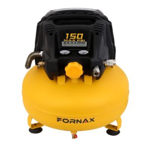 fornax pancake air compressor with two couplers, 6 gallon portable electric air compressor, 150 psi, oil -free with 14 pcs air compressor accessories kit (pancake)