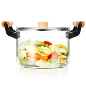 3.5 qt clear glass pot for cooking on stove, big glass cooking pot with wooden handle, large glass simmer pot for stove potpourri, glass frying pot with clear lid for boiling pot by nidhdsda