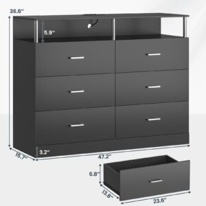 AOGLLATI Black Dresser for Bedroom with 6 Drawers, Dressers & Chests of Drawers with Column Design & Charging Station, Modern Bedroom Led Wide Dresser for Bedroom Closet