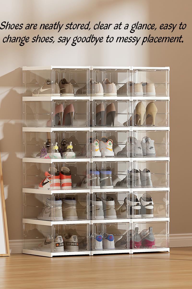 FUYUN Plastic Shoe Organizer - Stackable and Foldable 6-Tier Shoe Boxes for Closet, Clear and Space-Saving Sneaker Containers, No Assembly Required