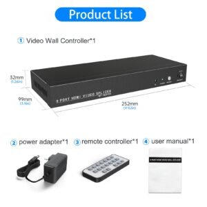 Yinker 3x3 HDMI Video Wall Controller 13 Display Model, 4K Input TV Wall Controller,1080P Output TV Wall Processor, IR Remote 3X3/3X2/2X3/2x2/4x2/2x4