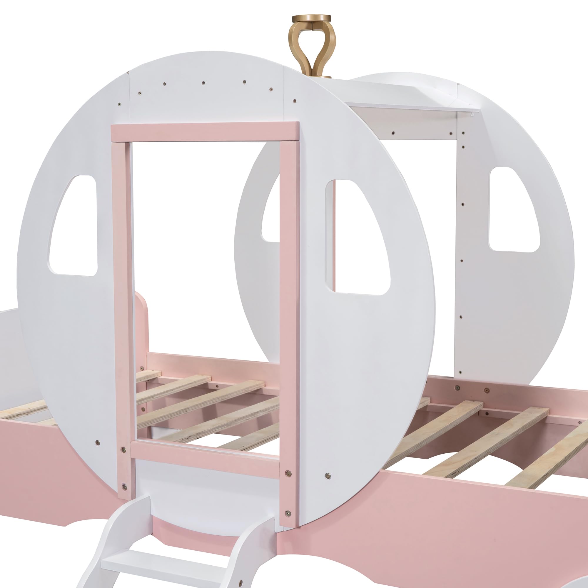 DEINPPA Twin Size Princess Bed with Crown, Wood Carriage Shaped Platform Car Bed with Stair, for Kids Girls Toddler, White+Pink