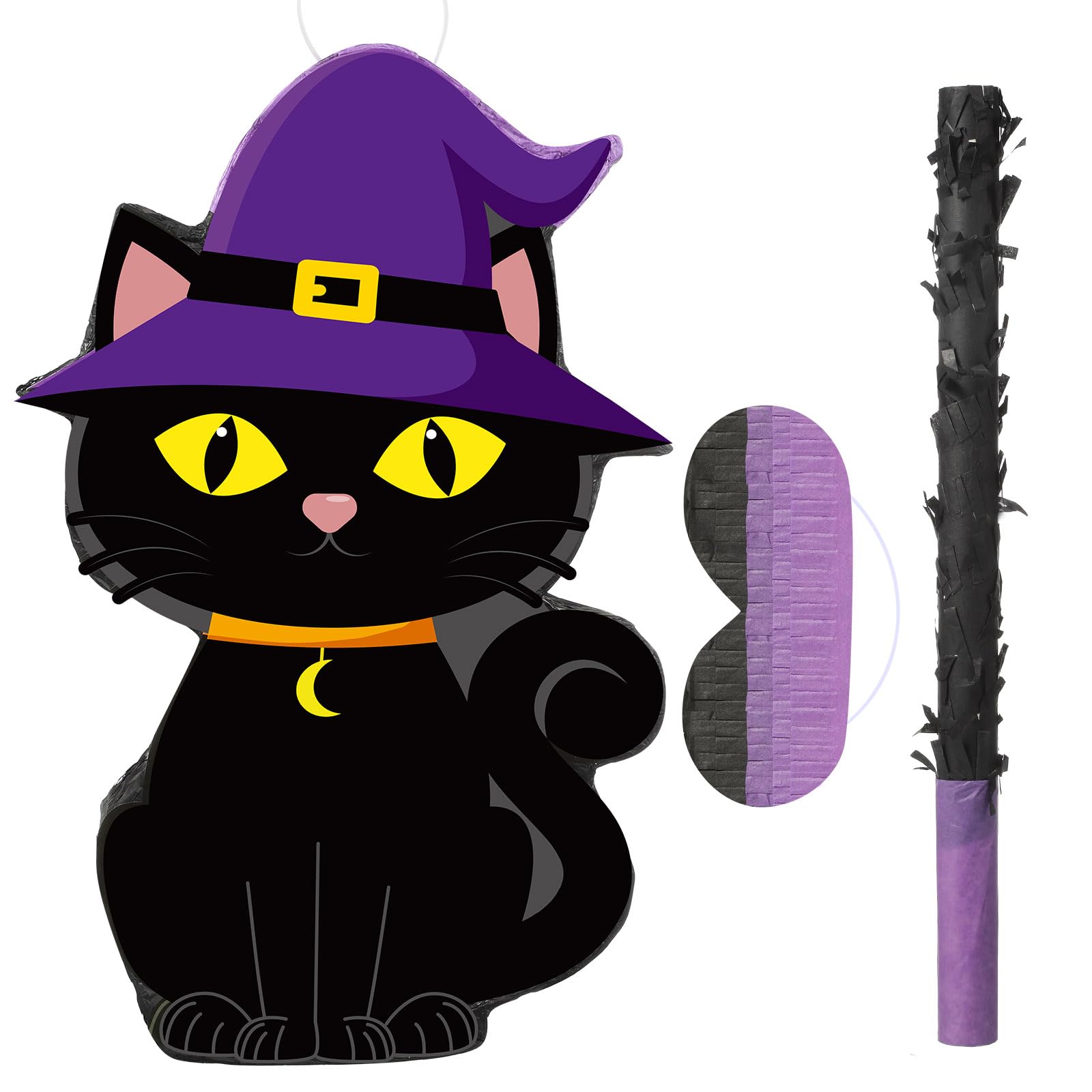 Aoriher Halloween Piñata Halloween Cat Piñata Spooky Halloween Party Supplies Black Cat Candy Filled Piñata with Stick Blindfold Set for Birthday Halloween Theme Party Decoration