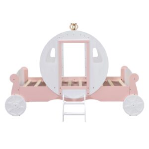 DEINPPA Twin Size Princess Bed with Crown, Wood Carriage Shaped Platform Car Bed with Stair, for Kids Girls Toddler, White+Pink