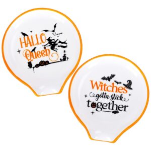 whaline 2pcs halloween witch coffee spoon rest hocus pocus pumpkin bat ceramic teaspoon holder spooky sauce dishes dipping bowl ring dish for halloween teacher gift kitchen office bar coffee stirrers