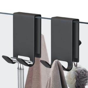 kithold shower door hooks, 2 pack triple shower towel hook for bathroom frameless glass door, stainless steel over shower door hook for hanger towels, razor, shower squeegee (black)