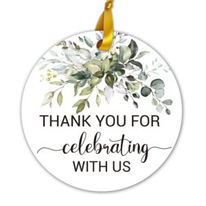 50 thank you favor tags, thank you for celebrating with us gift tags for weddings, bridal showers, birthdays, parties, baby showers, 2-inch round with 2 rolls of ribbon 20m/65.6ft. greenery