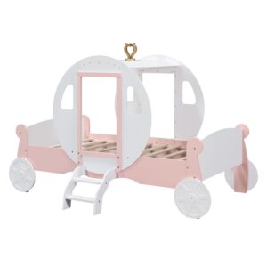 DEINPPA Twin Size Princess Bed with Crown, Wood Carriage Shaped Platform Car Bed with Stair, for Kids Girls Toddler, White+Pink