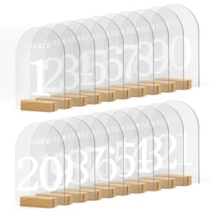 20pcs acrylic wedding table numbers with stands, acrylic arch table numbers 1-20 white printed clear table numbers with wood bases for wedding reception event party birthday decoration