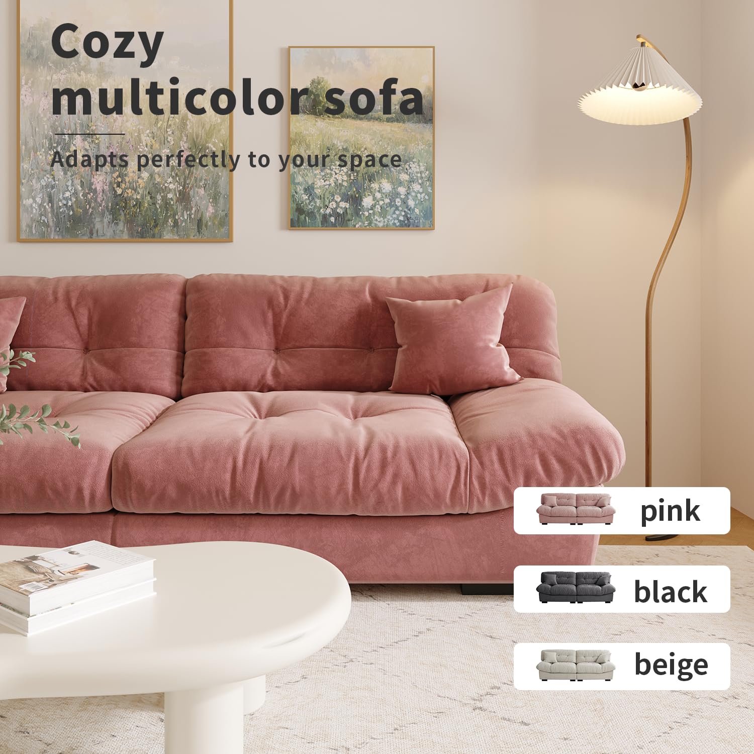 Cloud Modular Sectional Sofa,105" Scrub Velvet Minimalist Sofa Couch for Living Room, Modern LoveSofa with 2 Pillows 3 Seater for Apartment Office Studio, Deep Seat Couches,Pink