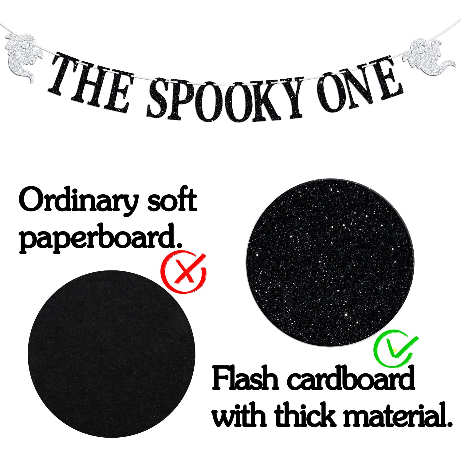 The Spooky One Banner, Halloween 1st Birthday Bunting Sign, Halloween Ghost Bat 1st Birthday/Baby Shower Party Decoration Supplies for Girl Boy, Black Glitter