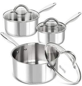 michelangelo saucepan set 6pc, 18/10 stainless steel sauce pan with lid, tri-ply bottom sauce pot set, nonstick saucepan, induction compatible, 1qt & 2qt &3qt