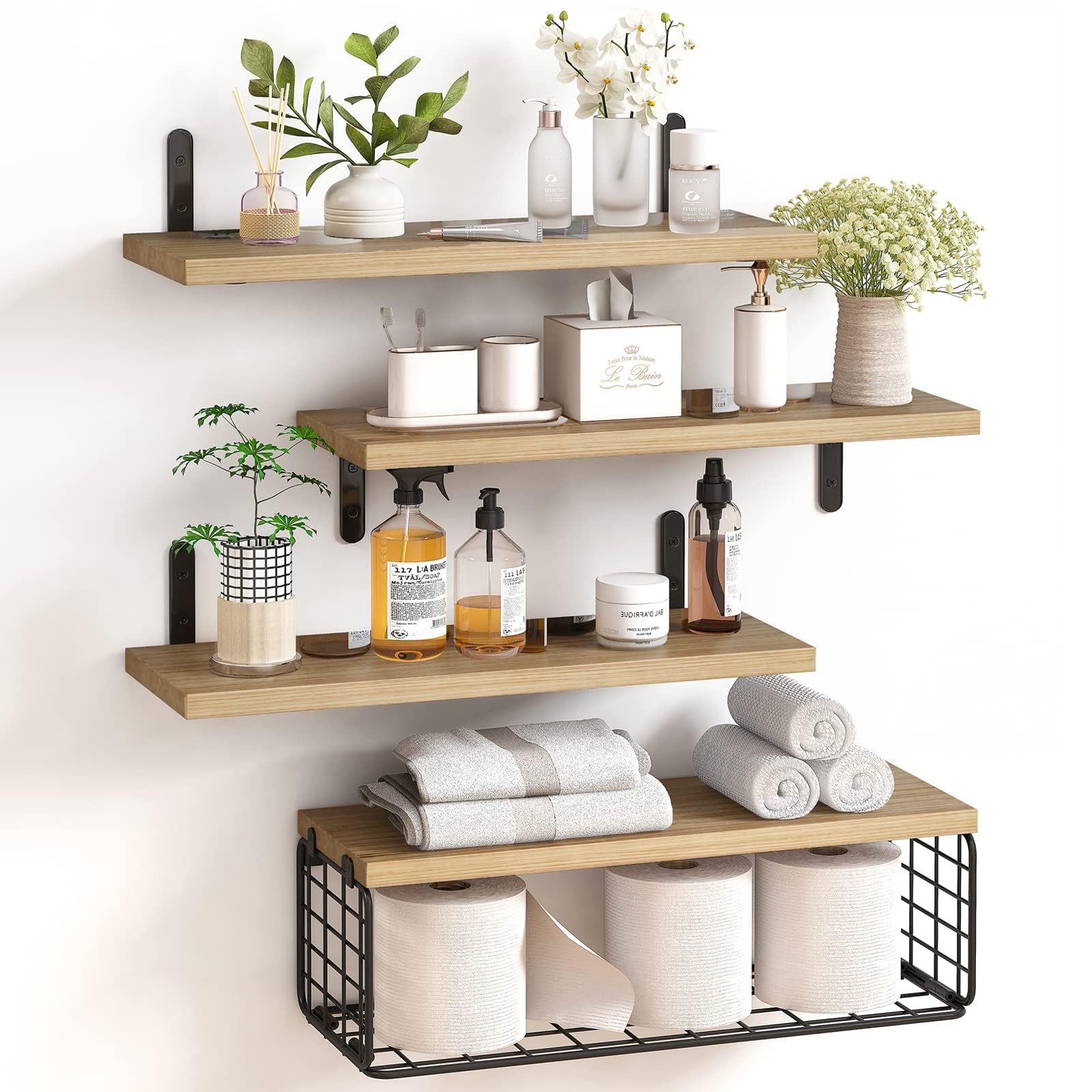 Longzhuo 4+1 Tier Floating Shelves, Rustic Wood Wall Shelf, Bathroom Shelves Over Toilet with Wire Storage Basket, Farmhouse Wall Decor for Bedroom, Kitchen, Living Room and Plants, Brown