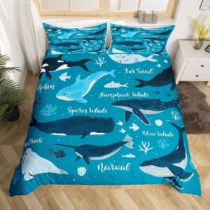 erosebridal whale duvet cover twin for kids boys girls,coastal sea animal fish dolphin seal sea lion bedding set,beach ocean creatures under the sea bed set,tropical nautical sea marine life bed sets