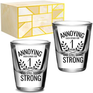 onebttl anniversary cups for couples, 1 year anniversary funny gifts for boyfriend girlfriend, 1.5 oz (45 ml) shot glasses set of 2 - annoying each other but still strong