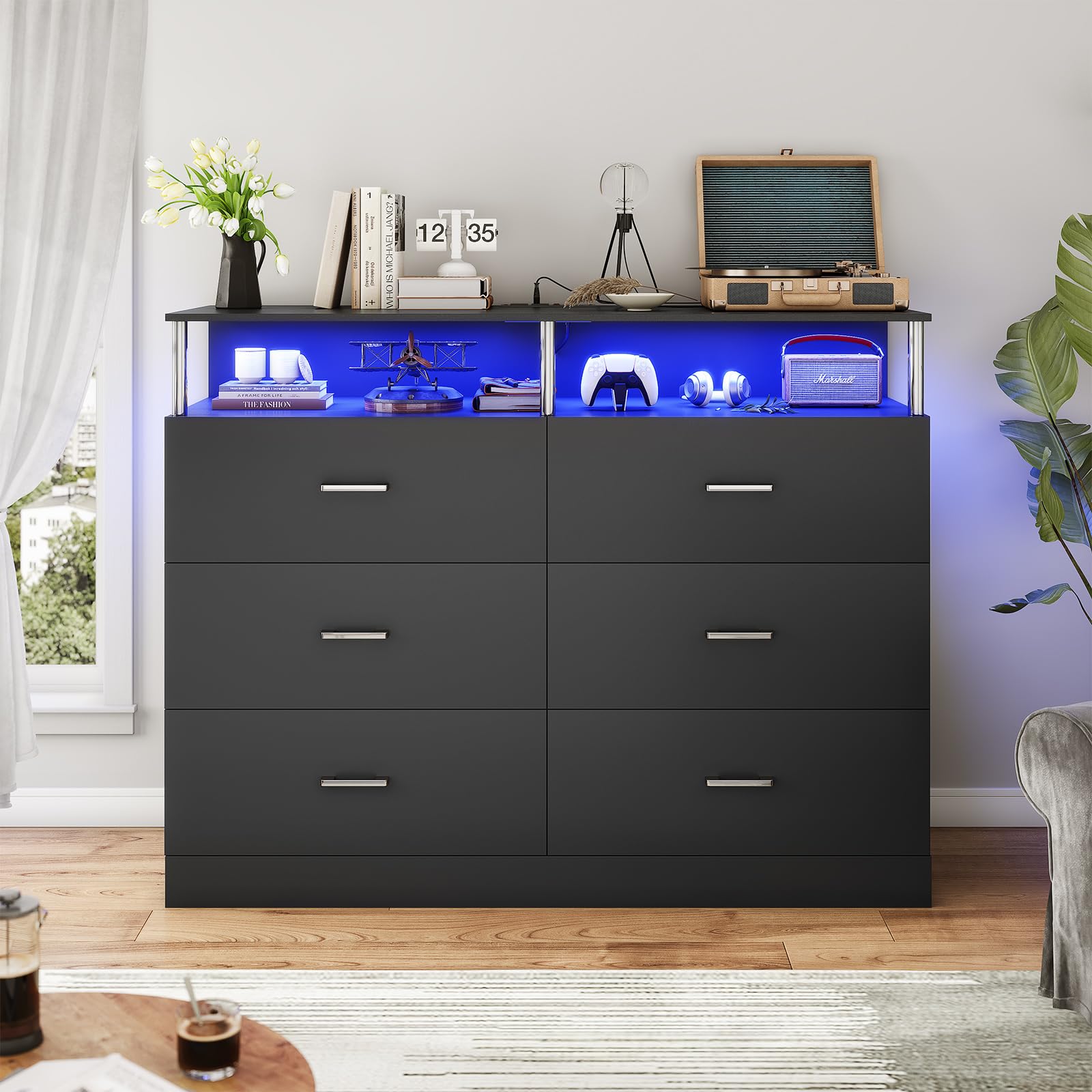 AOGLLATI Black Dresser for Bedroom with 6 Drawers, Dressers & Chests of Drawers with Column Design & Charging Station, Modern Bedroom Led Wide Dresser for Bedroom Closet