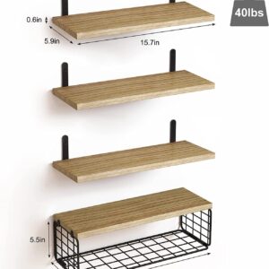 Longzhuo 4+1 Tier Floating Shelves, Rustic Wood Wall Shelf, Bathroom Shelves Over Toilet with Wire Storage Basket, Farmhouse Wall Decor for Bedroom, Kitchen, Living Room and Plants, Brown