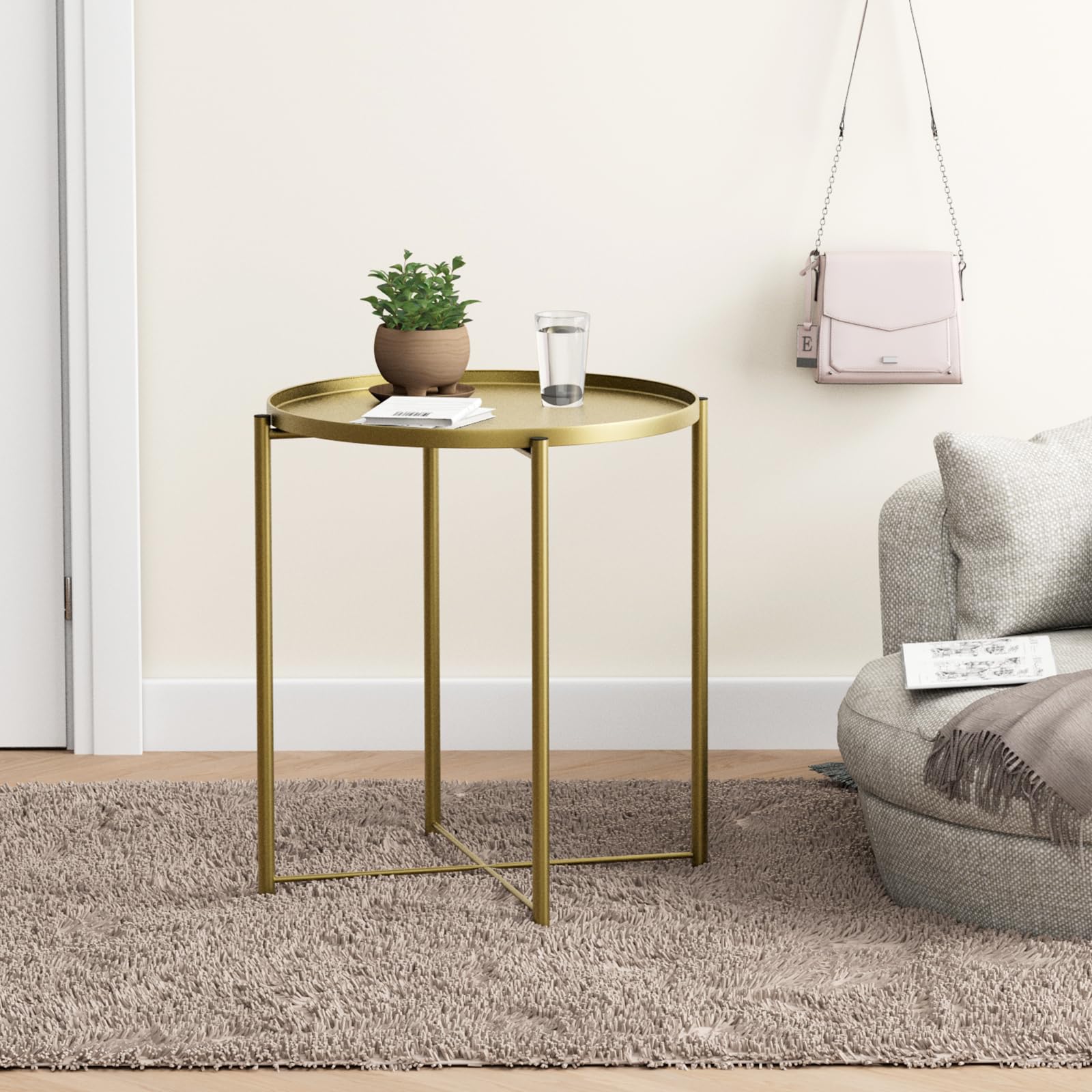 Fixwal Metal Side Table, Gold End Table for Small Spaces, Round Accent Side Table with Removable Tray for Living Room, Coffee Table for Bedroom Balcony and Office