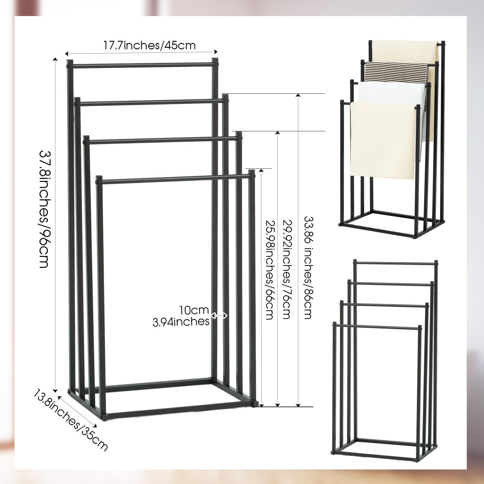 Suzile 4 Tier H Freestanding Towel Rack for Bathroom Metal Floor Standing Blanket Holder Drying Rack, Sturdy and Easy to Move for Outdoor Pool Bath Tub Shower Storage, Black