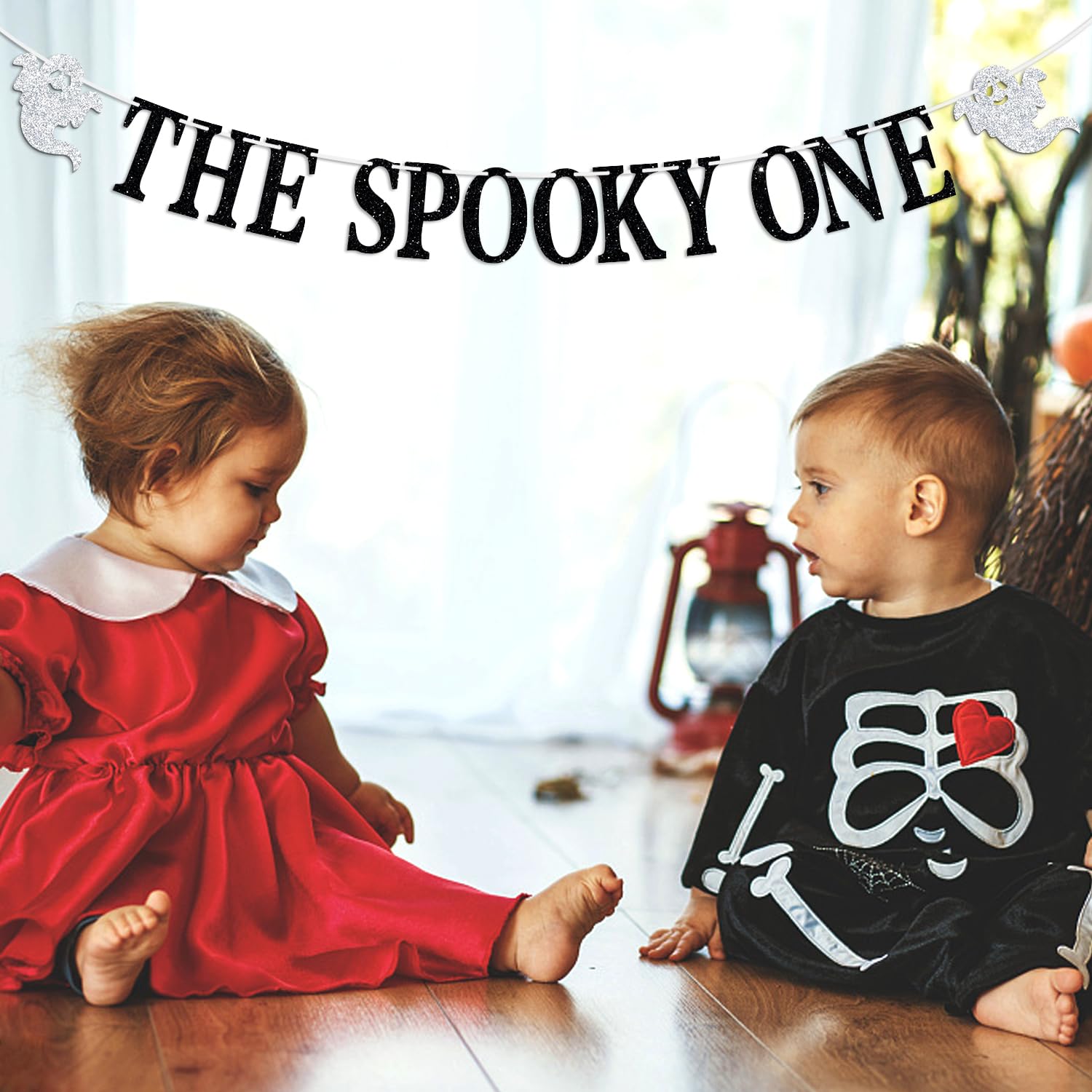 The Spooky One Banner, Halloween 1st Birthday Bunting Sign, Halloween Ghost Bat 1st Birthday/Baby Shower Party Decoration Supplies for Girl Boy, Black Glitter