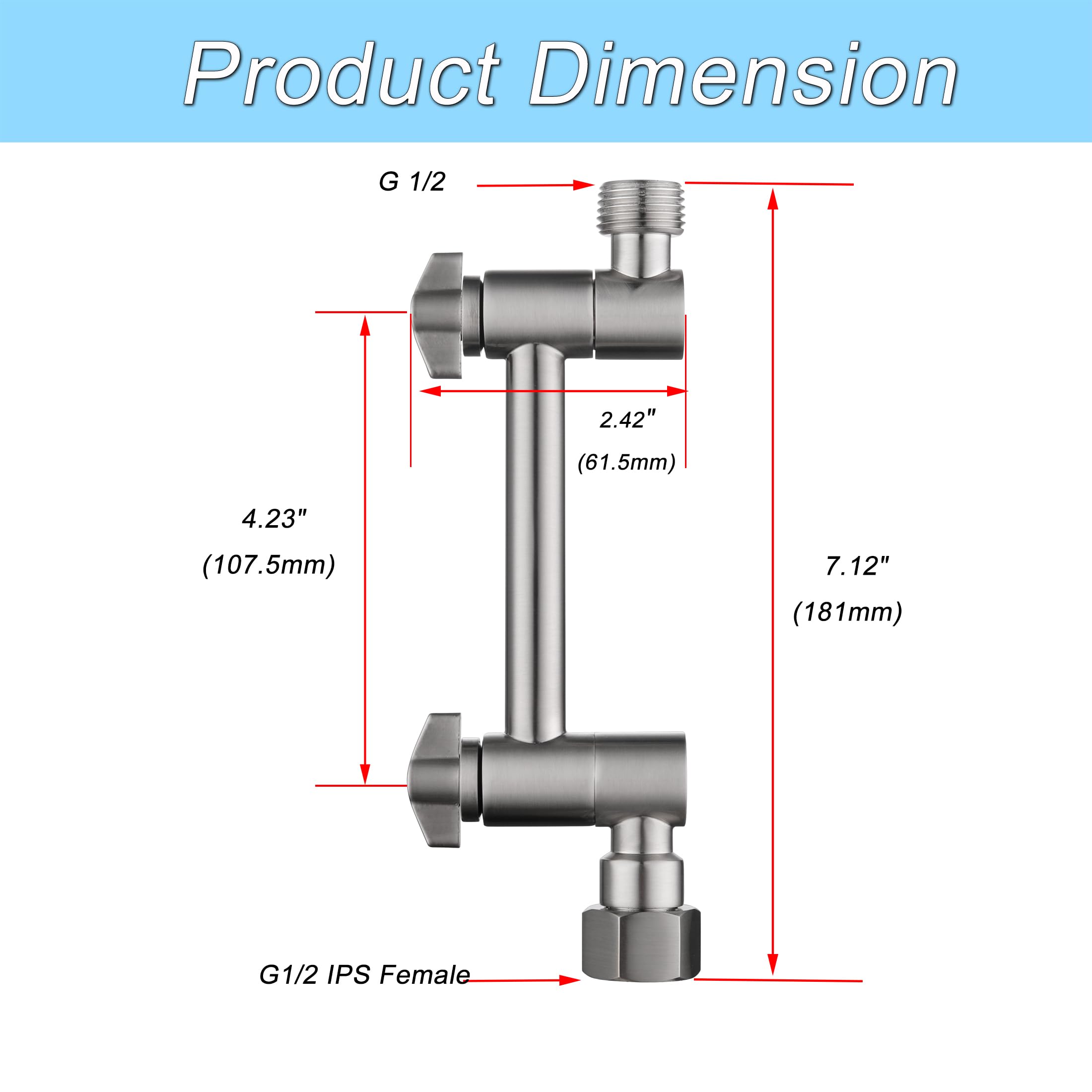 Senhozi Adjustable Shower Arm Extension, Brushed Nickel 4 Inch Shower Head Extension Arm to Lower or Raise Rain or Handheld Shower Head to Your Height & Angle, SE003BN