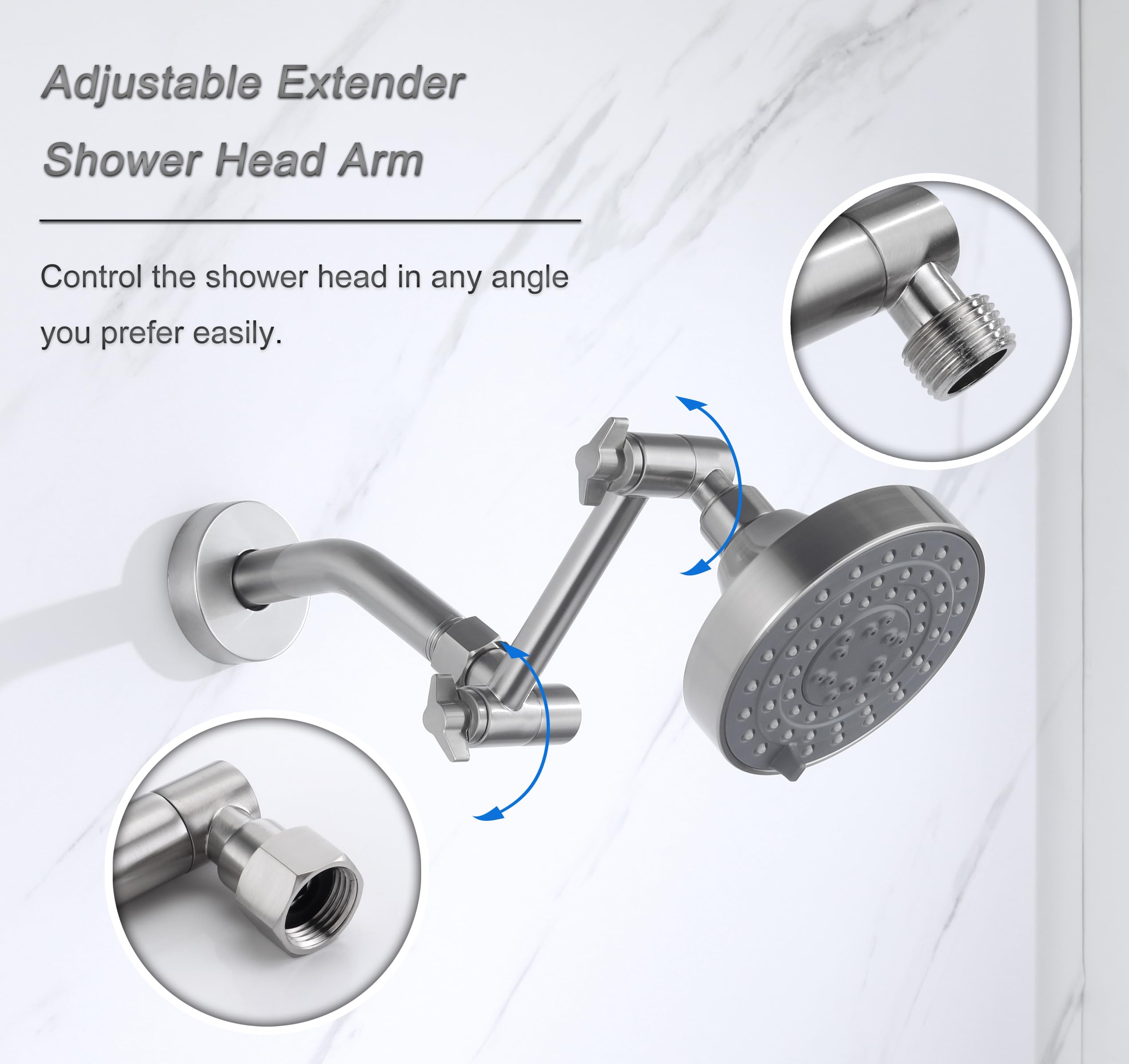 Senhozi Adjustable Shower Arm Extension, Brushed Nickel 4 Inch Shower Head Extension Arm to Lower or Raise Rain or Handheld Shower Head to Your Height & Angle, SE003BN