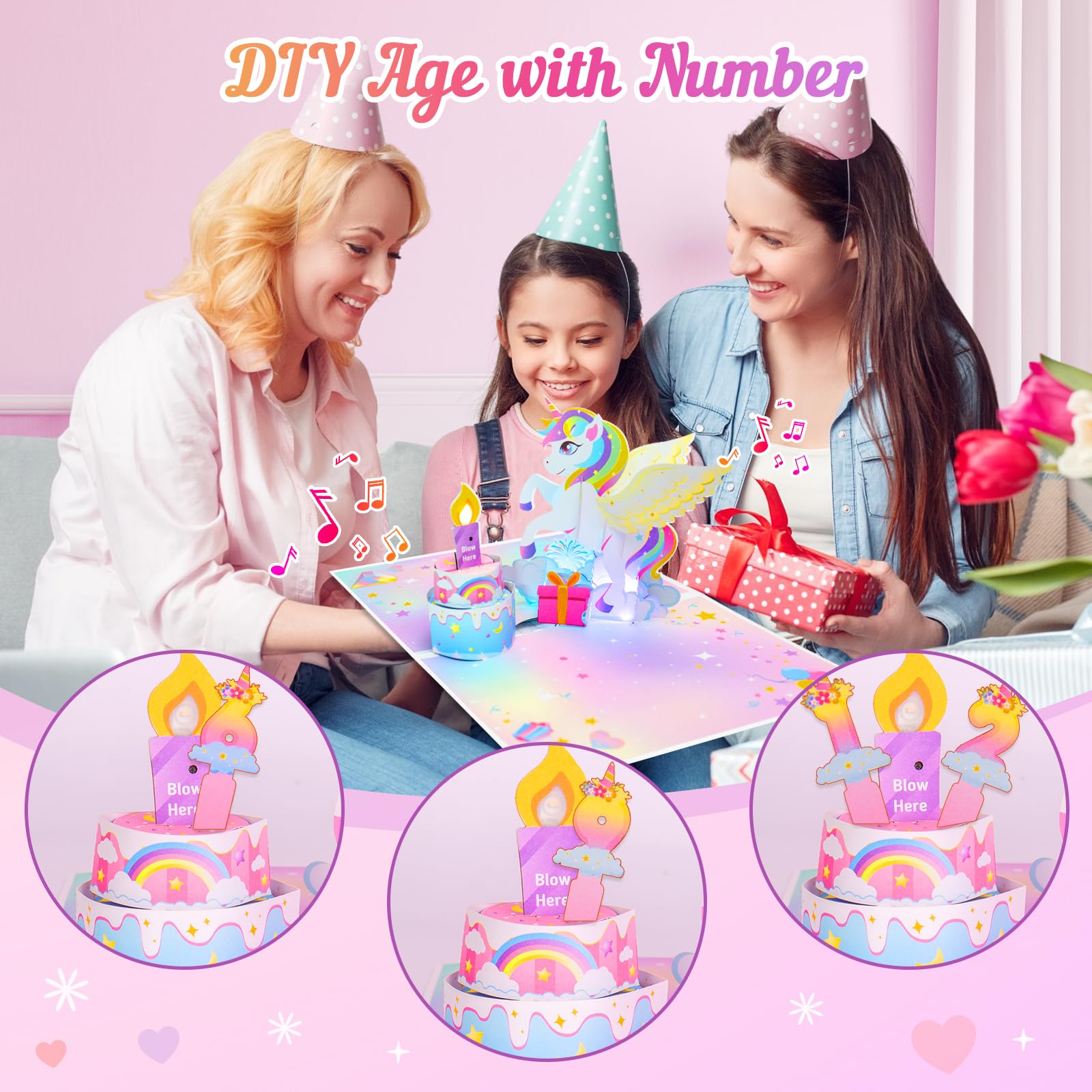 FITMITE Birthday Card with Light&Music,Unicorn 3D Pop up Greeting Cards with Blowable Candle Birthday Gifts for Women Girls Daughter Sister Kids-With 0-9 DIY Number