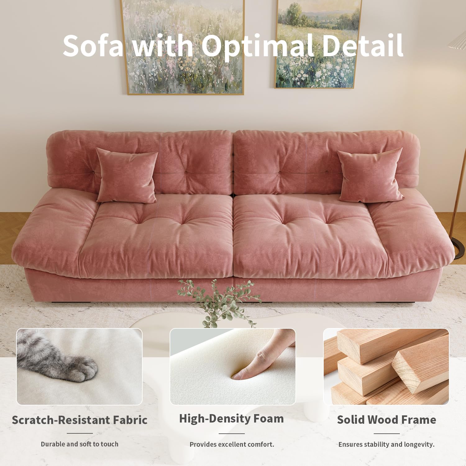 Cloud Modular Sectional Sofa,105" Scrub Velvet Minimalist Sofa Couch for Living Room, Modern LoveSofa with 2 Pillows 3 Seater for Apartment Office Studio, Deep Seat Couches,Pink