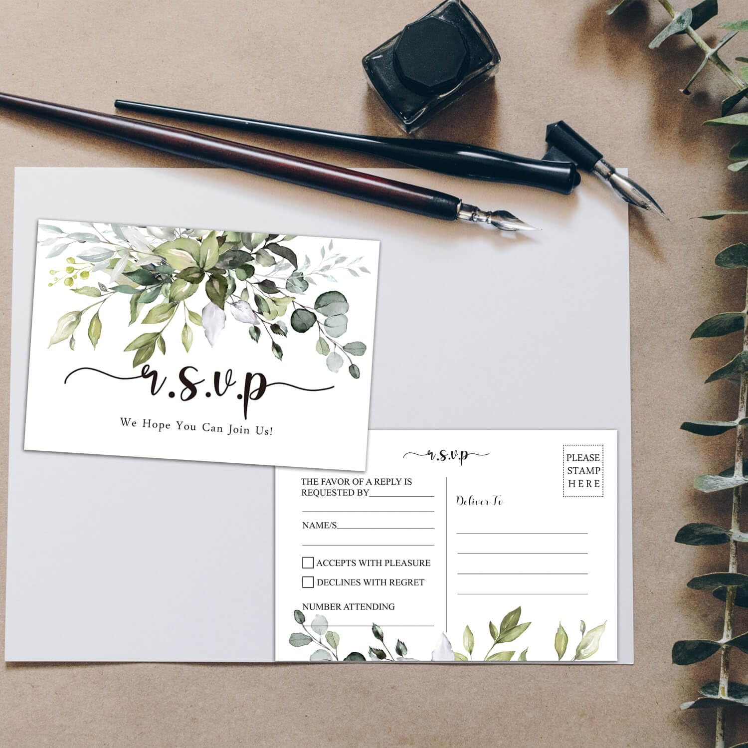 KORTTITALO 50 RSVP Postcards - Rustic leaf Response Cards, Blank with Mailing Side, Response Cards for Wedding, Bridal Shower, Baby Shower, Bachelorette Party.