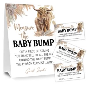 baby shower games measure the baby bump sign, how big is mommy's belly party favors supplies, 5x7 inch kraft standing sign and 50 guessing cards, holy cow, boho highland cow