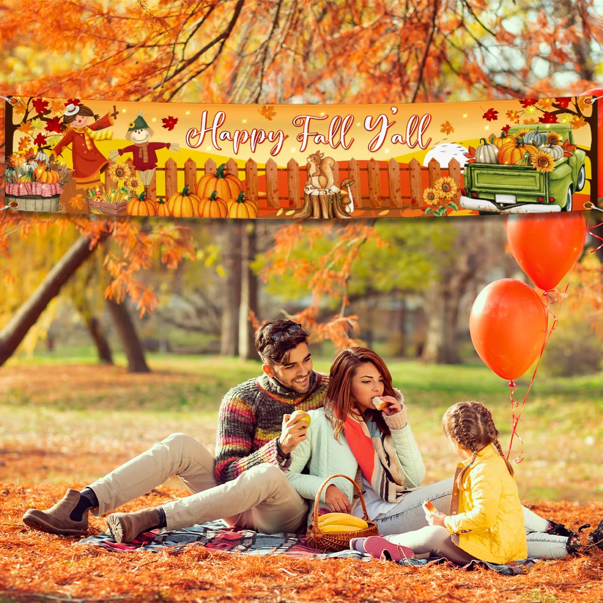 Fall Y'all Party Banner Happy Fall Decorations Outdoor Polyester Scarecrow Fall Leaves Fall Garden Sign for Home Front Porch Yard Sign Thanksgiving Decorations Fall Party Supplies