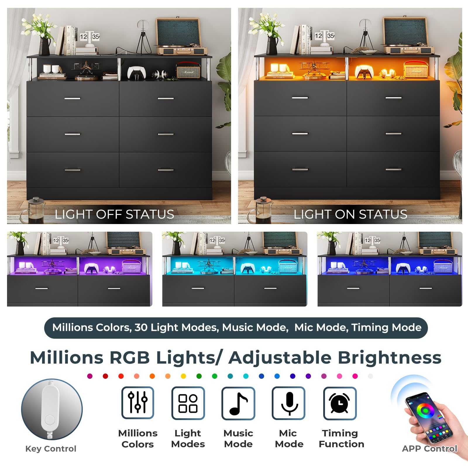 AOGLLATI Black Dresser for Bedroom with 6 Drawers, Dressers & Chests of Drawers with Column Design & Charging Station, Modern Bedroom Led Wide Dresser for Bedroom Closet