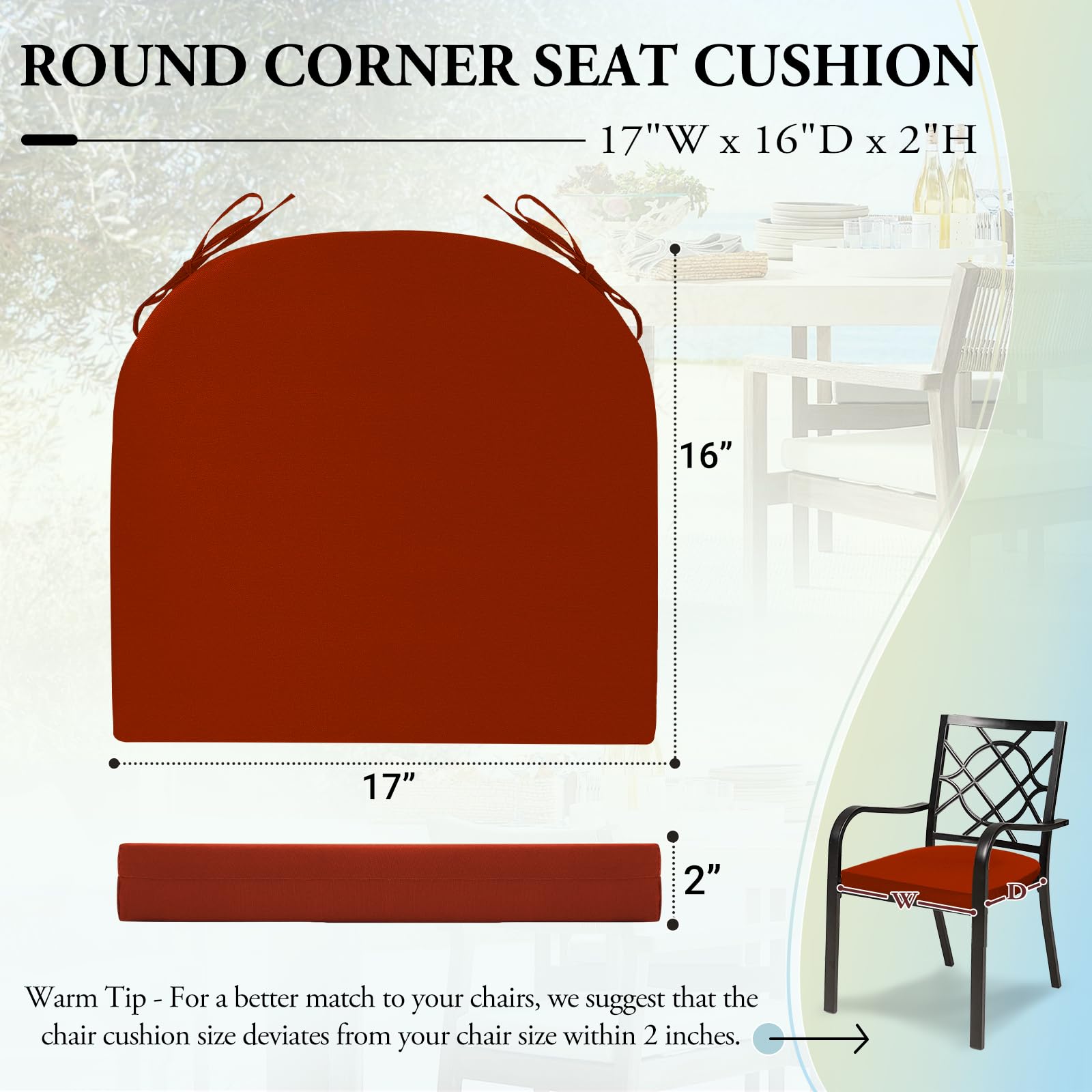 Wellsin Outdoor Chair Cushions for Patio Furniture - Patio Chair Cushions Set of 6 - Waterproof Round Corner Outdoor Seat Cushions 17"X16"X2", Brick Red