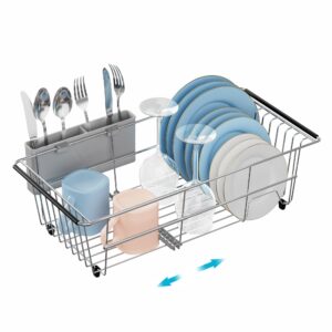 ipegtop expandable over sink dish drying rack, multifunctional adjustable (14"-18.5") dish drainer organizer shelf rustproof stainless with grey utensil holder for kitchen counter