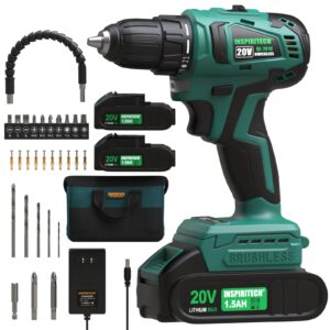 inspiritech 20v cordless drill, brushless power drill set with 2 batteries and charger,3/8-inch chuck electric drill driver,22 torque setting,drill/driver bits and tool bag included