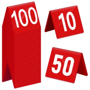 100 pcs acrylic table numbers 1-100 double side numbered table tents restaurant wedding table tent cards for party banquets service evidence markers supplies, 2.5 x 2 x 1.6 inch (red background)