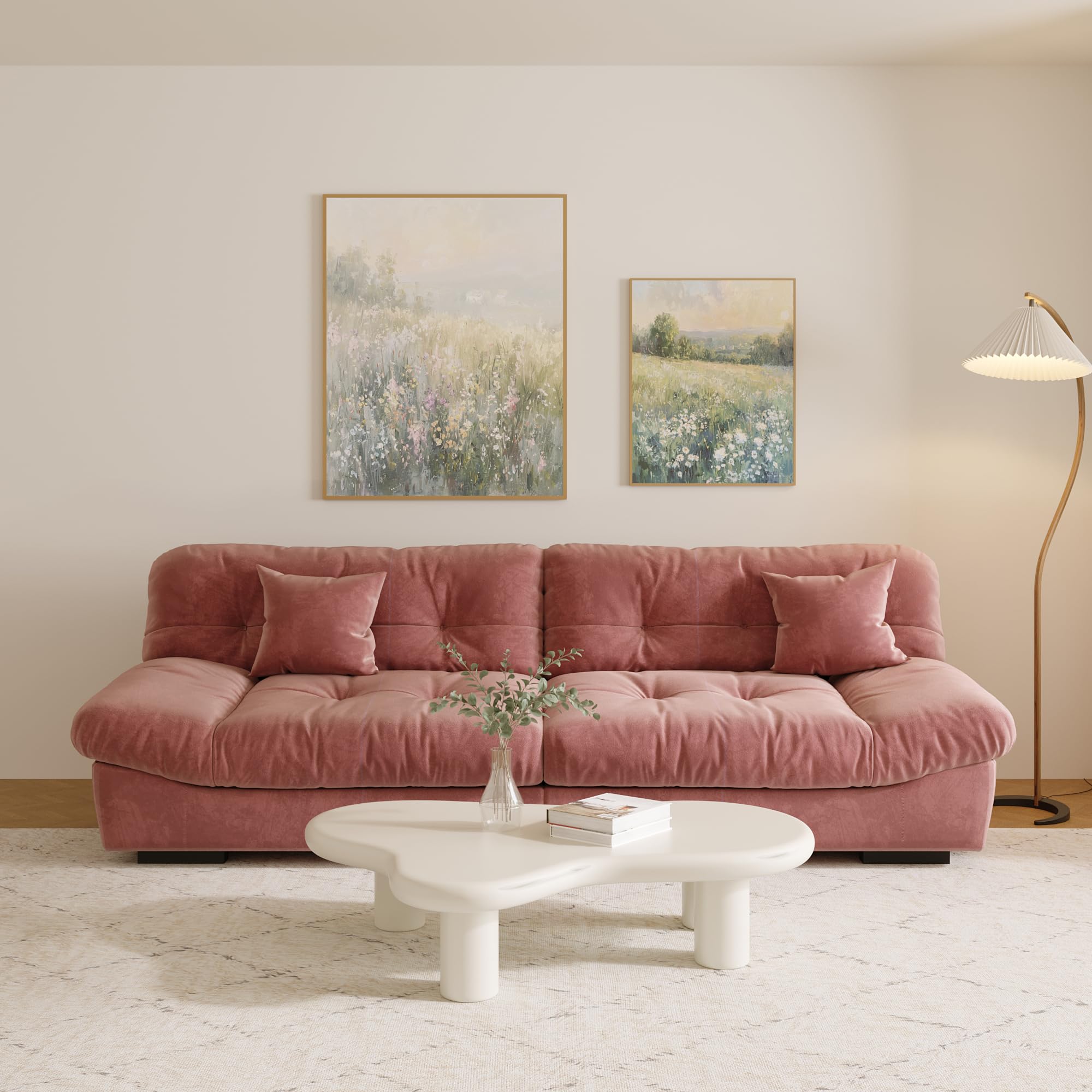 Cloud Modular Sectional Sofa,105" Scrub Velvet Minimalist Sofa Couch for Living Room, Modern LoveSofa with 2 Pillows 3 Seater for Apartment Office Studio, Deep Seat Couches,Pink