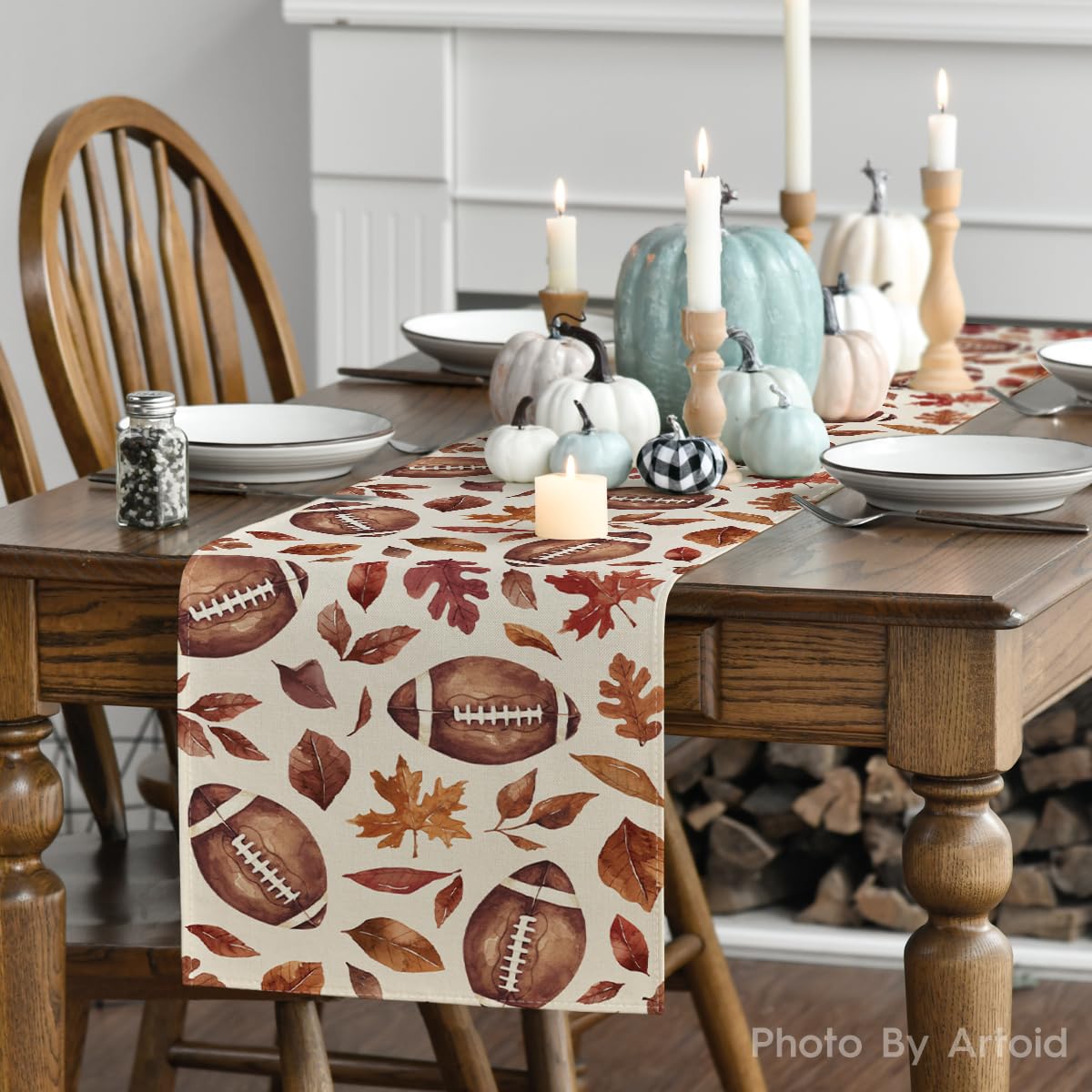 Artoid Mode Rugby Maple Leaves Football Fall Table Runner, Seasonal Harvest Autumn Kitchen Dining Table Decoration for Home Party Decor 13x72 Inch