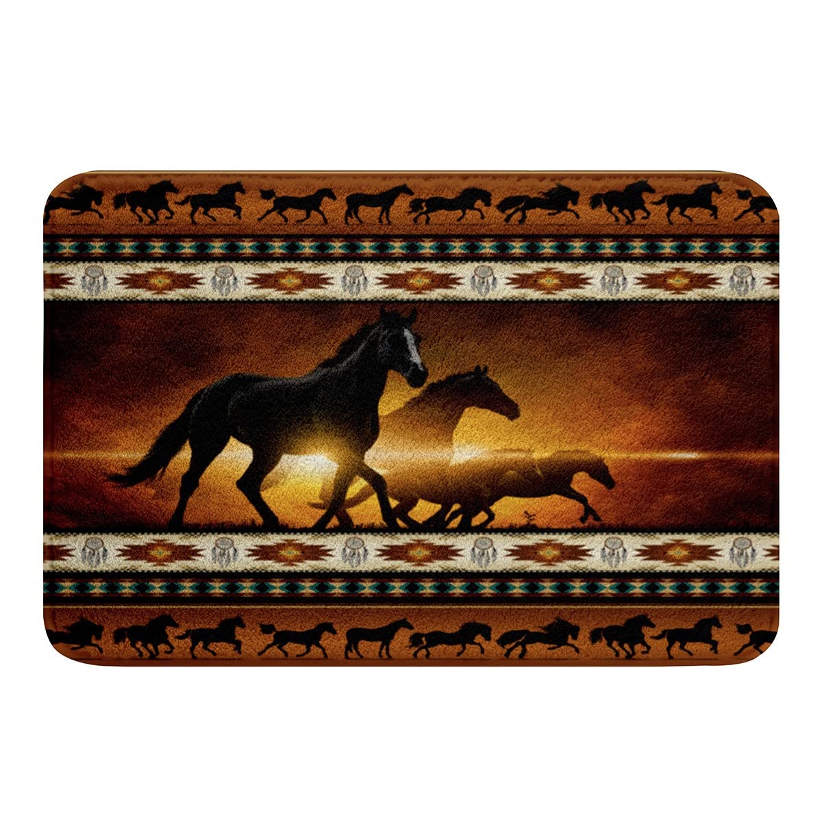 KXO Black Horses Rug Southwestern Native Aztec Bathroom Rugs Farmhouse Wildlife Door Mat Indian Tribal Geometry Kitchen Mat Bohemian Dream Catchers Retro Exotic Boho Decor 24"x16"