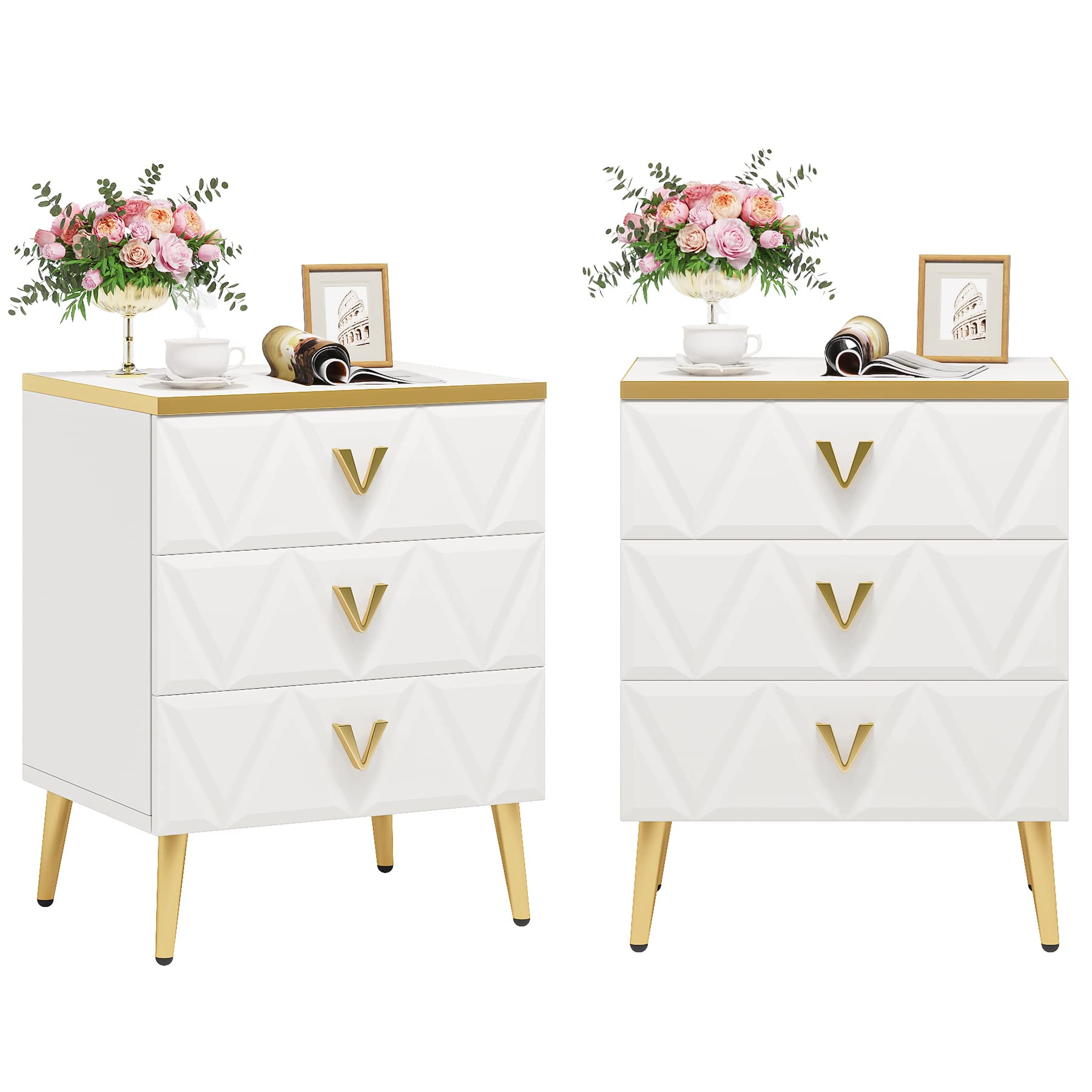 Tribesigns 3-Drawer Nightstand Set of 2, Luxury Bedside Table End Table with Storage Drawers and Golden Legs, Modern Nightstand for Bedroom, Gold and White