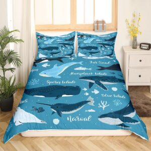 Erosebridal Whale Duvet Cover Twin for Kids Boys Girls,Coastal Sea Animal Fish Dolphin Seal Sea Lion Bedding Set,Beach Ocean Creatures Under The Sea Bed Set,Tropical Nautical Sea Marine Life Bed Sets