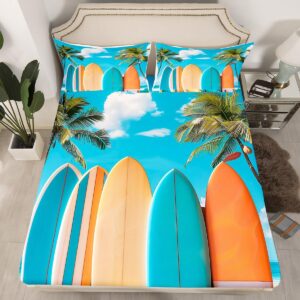 Erosebridal Ocean Beach Bed Sheets for Boys Girls,Hawaiian Tropical Palm Trees Sheet Set Full,Marine Theme Nautical Sea Surfing Fitted Sheet,Summer Vacation Surfboard Sheets Boho Hippie Style Decor