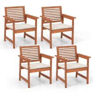 tangkula outdoor dining chairs set of 4, weather-resistant heavy duty slatted wood patio chairs with soft padded cushions, for deck, garden, poolside, balcony (4, off white)