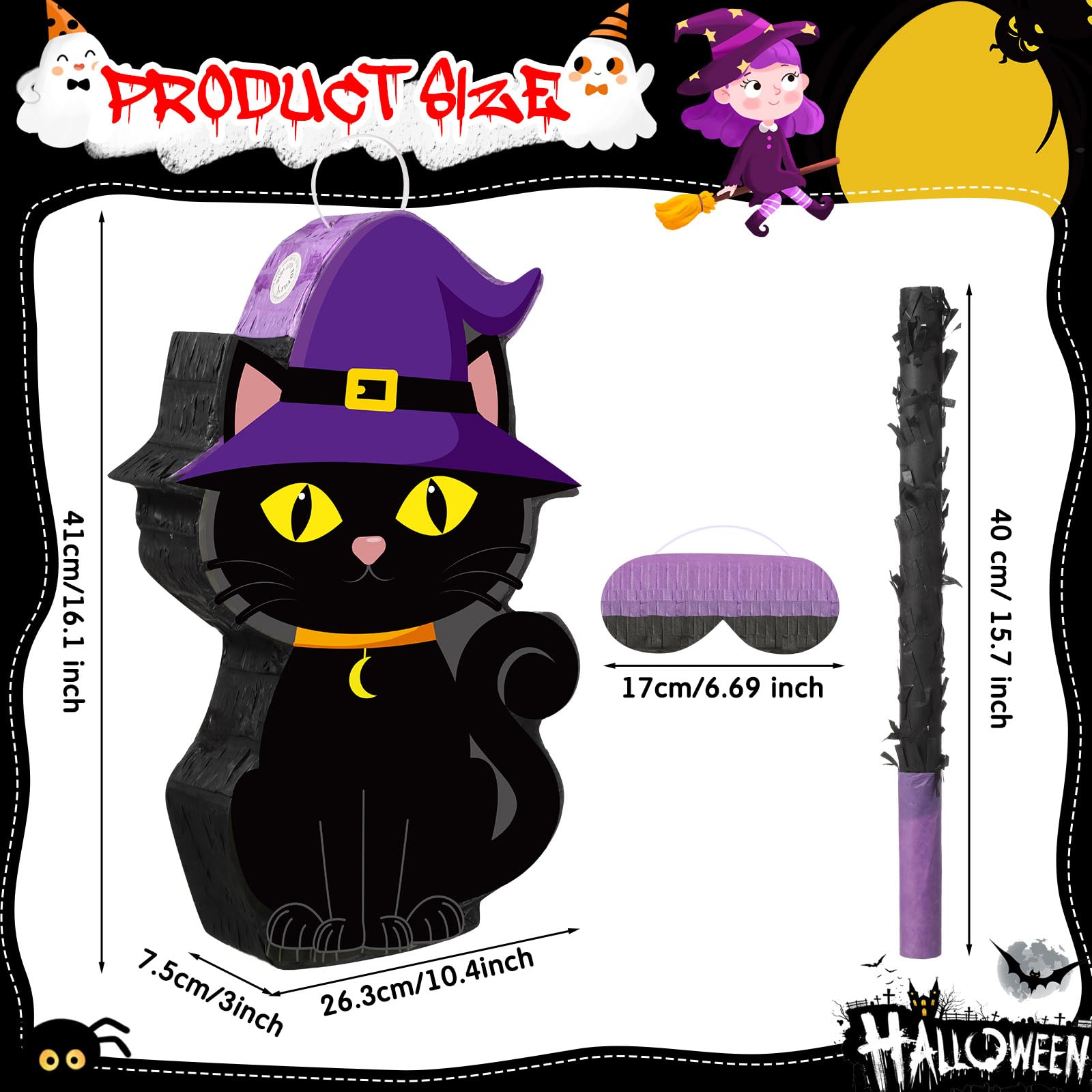 Aoriher Halloween Piñata Halloween Cat Piñata Spooky Halloween Party Supplies Black Cat Candy Filled Piñata with Stick Blindfold Set for Birthday Halloween Theme Party Decoration