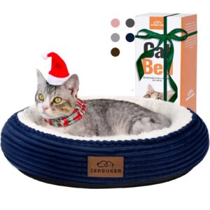 zerbuger 20in washable cat beds for indoor cats - round donut pet bed for cats, small dogs, puppy, kitten - anti-slip bottom, calming bed gift - navy blue