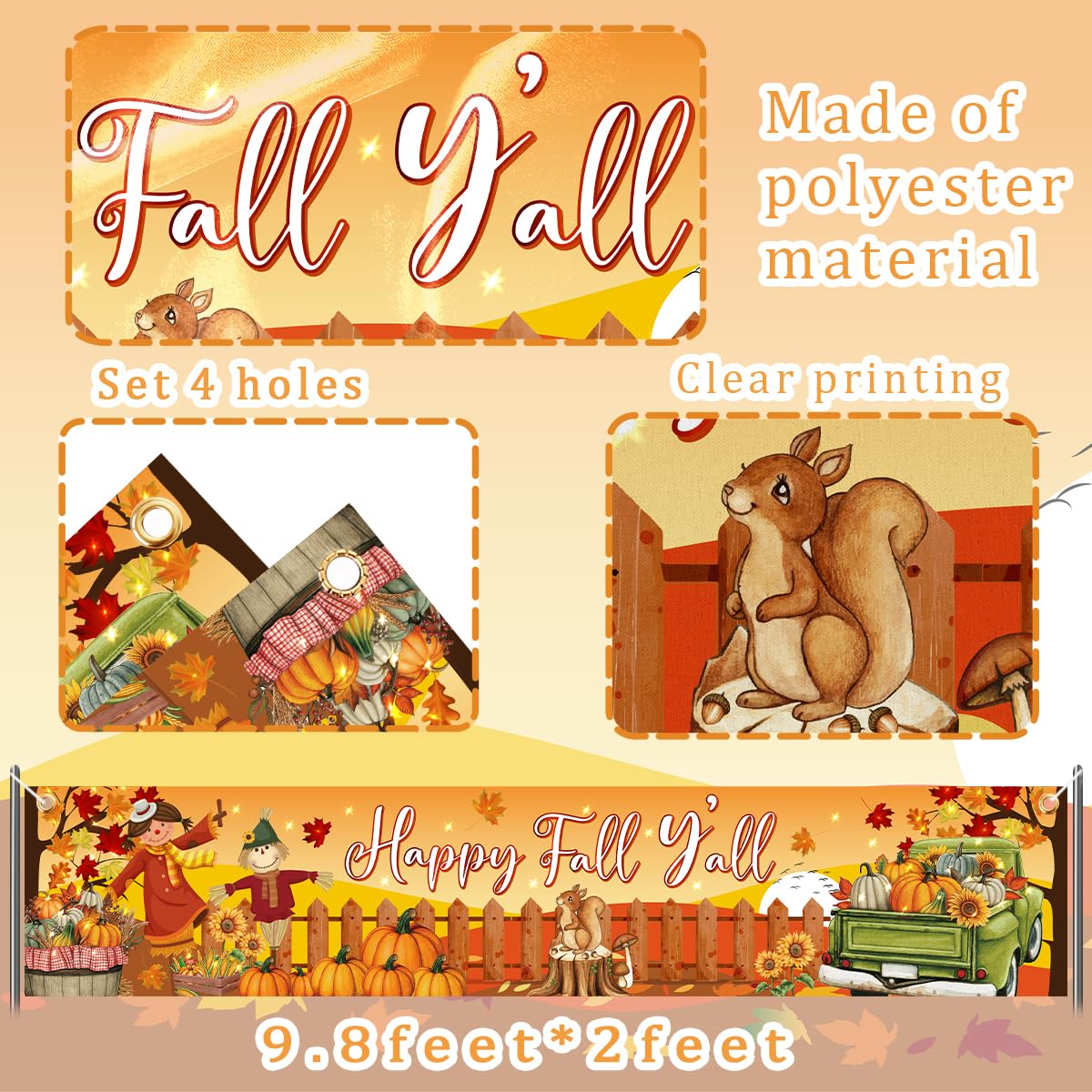 Fall Y'all Party Banner Happy Fall Decorations Outdoor Polyester Scarecrow Fall Leaves Fall Garden Sign for Home Front Porch Yard Sign Thanksgiving Decorations Fall Party Supplies