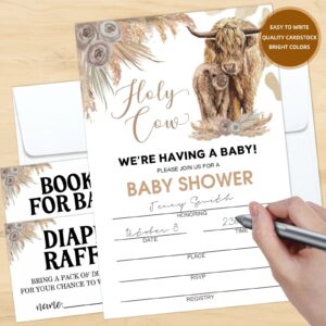 Moonle Baby Shower Invitations with Envelopes, Diaper Raffle Tickets and Baby Shower Book Request Cards, Boho Highland Cow theme babyshower party supplies, Set of 25, Brown