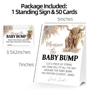 Baby Shower Games Measure the Baby Bump Sign, How Big is Mommy's Belly Party Favors Supplies, 5x7 Inch Kraft Standing Sign and 50 Guessing Cards, Holy Cow, Boho Highland Cow