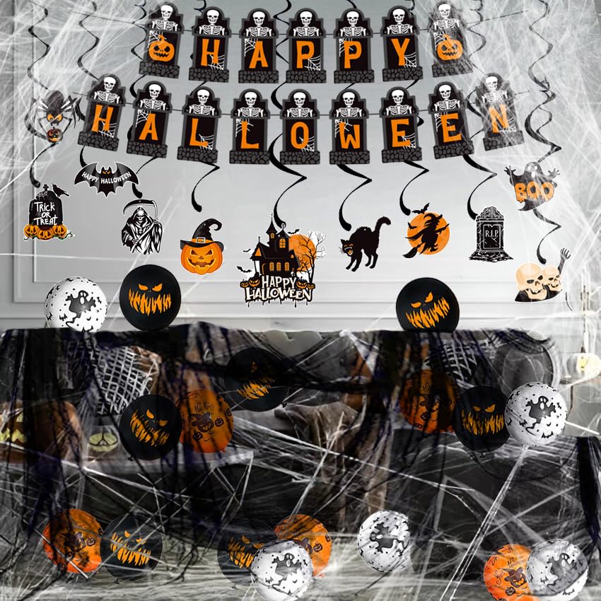 Halloween Party Decoration Halloween Party Supplies, Spooky Halloween Banner Halloween Hanging Swirl Decorations Creepy Cloth Halloween Theme Balloons Scary 3D Bats Spider Web Decorations